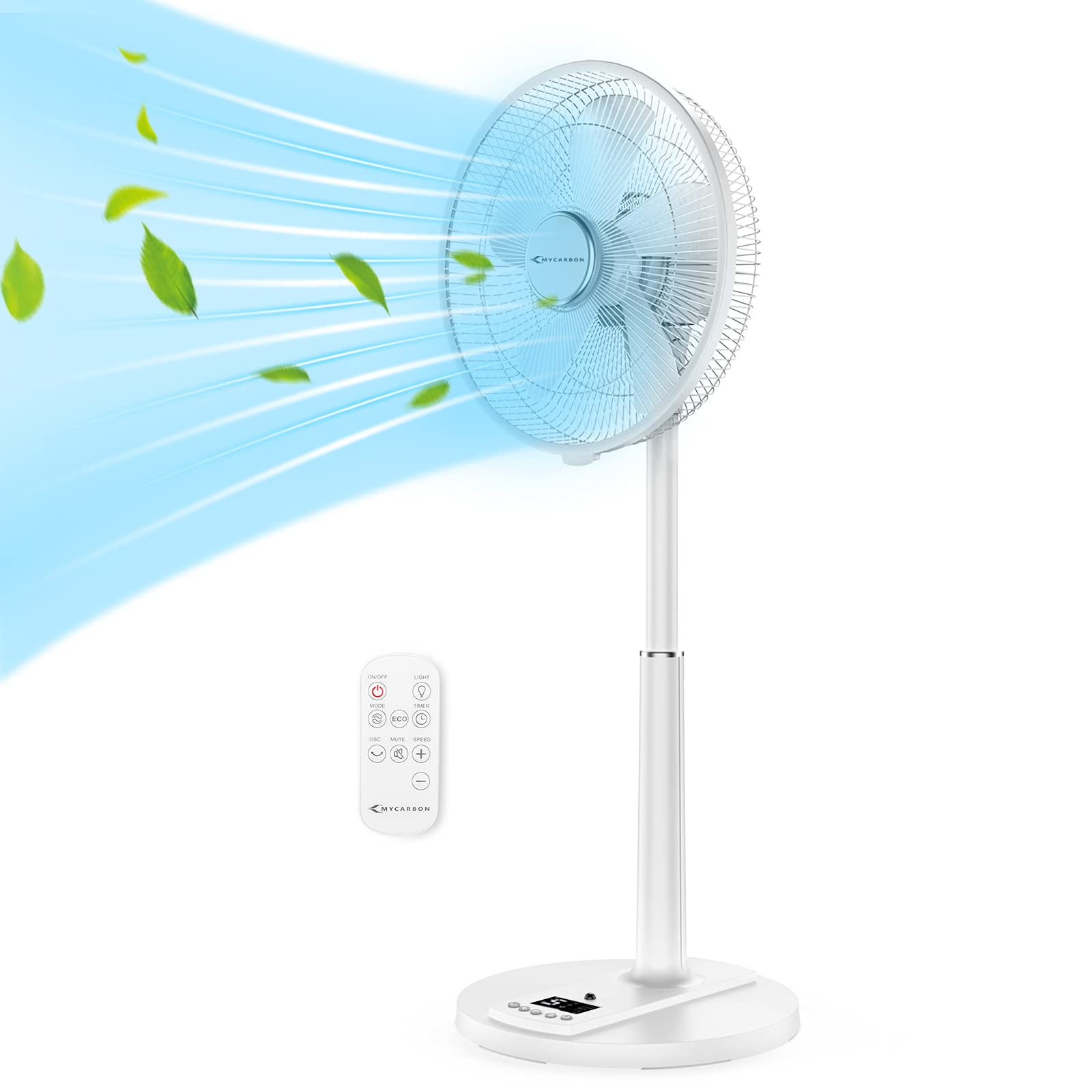 MYCARBON 16” Pedestal Fan with Remote, Ultra Quiet Oscillating Standing Fans with 9 Speed for Sleep Baby Adjustable Height 4 Wind Modes 5 Blade Powerful Wind, Auto Speed Regulation Energy Efficiency