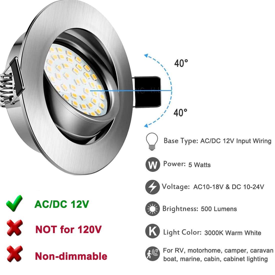 BAYSHE AC/DC12V Recessed Ceiling Light 5W 500lm RV Camper Van Trailer Downlights Stainless Steel,Not-dimmable,3000K Warm White-6 Pack