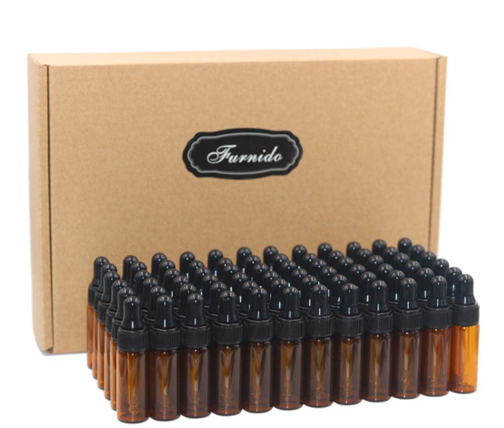 Furnido 5ml(1/6oz) Amber Glass Dropper Bottle,Empty Essential Oil Eye Dropper Bottles Glass Vials With Pure Glass Pipette For DIY Aromatherapy Colognes Perfume Liquid Sample Blends Business-Pack of 72