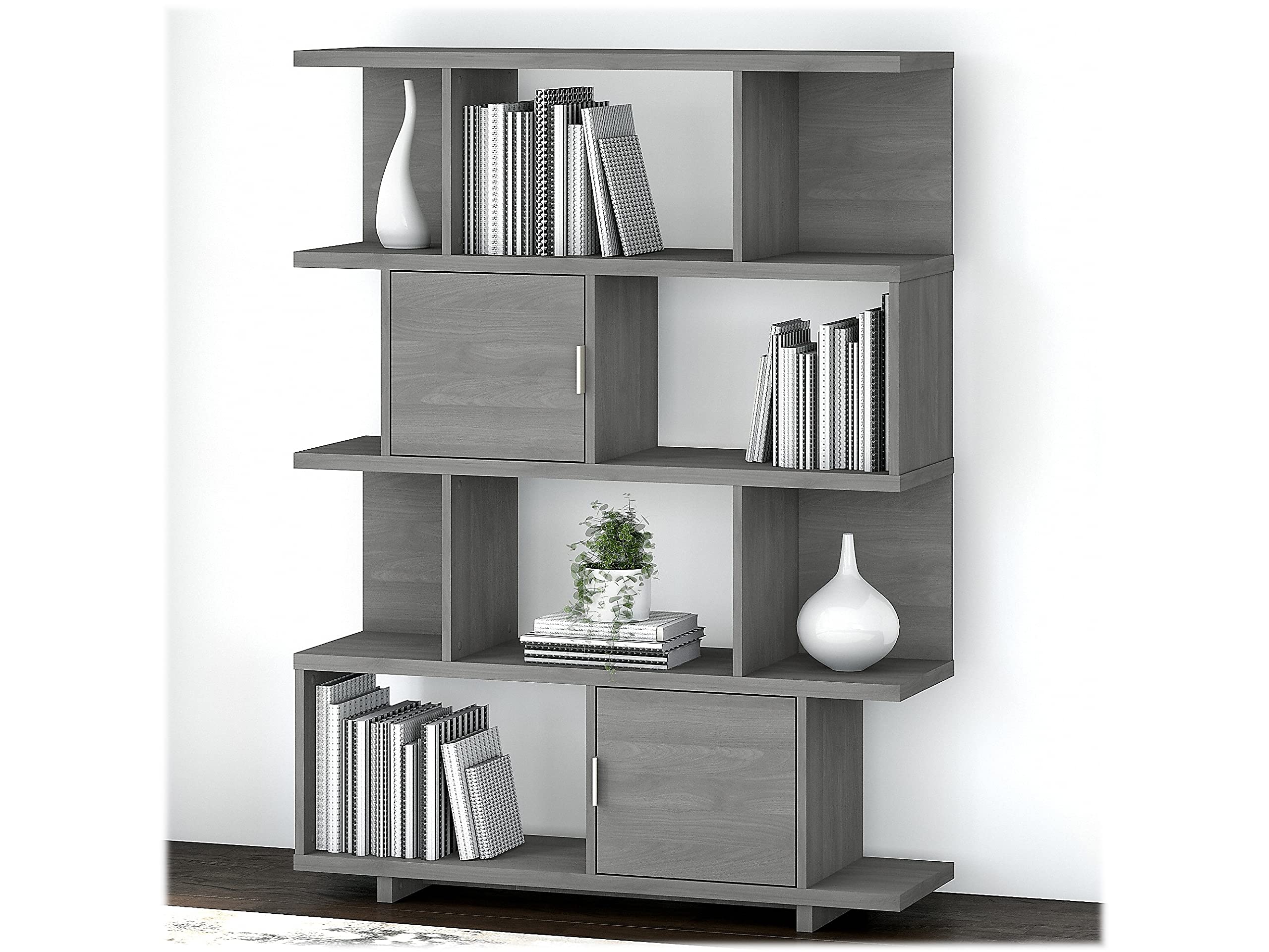 Bush Furniture Madison Avenue Large Geometric Etagere Bookcase with Doors in Modern Gray
