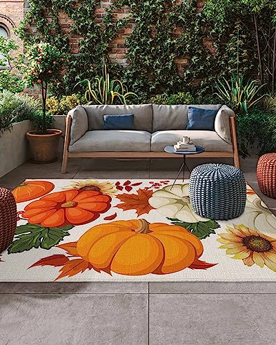 Outdoor Area Rug for Patio,Thanksgiving Pumpkin Sunflower Maple Leaves Camping Rugs Indoor Large Floor Mat 4x6ft,Watercolor Retro Linen Outside Carpet for Deck RV Picnic Porch Backyard Bedroom