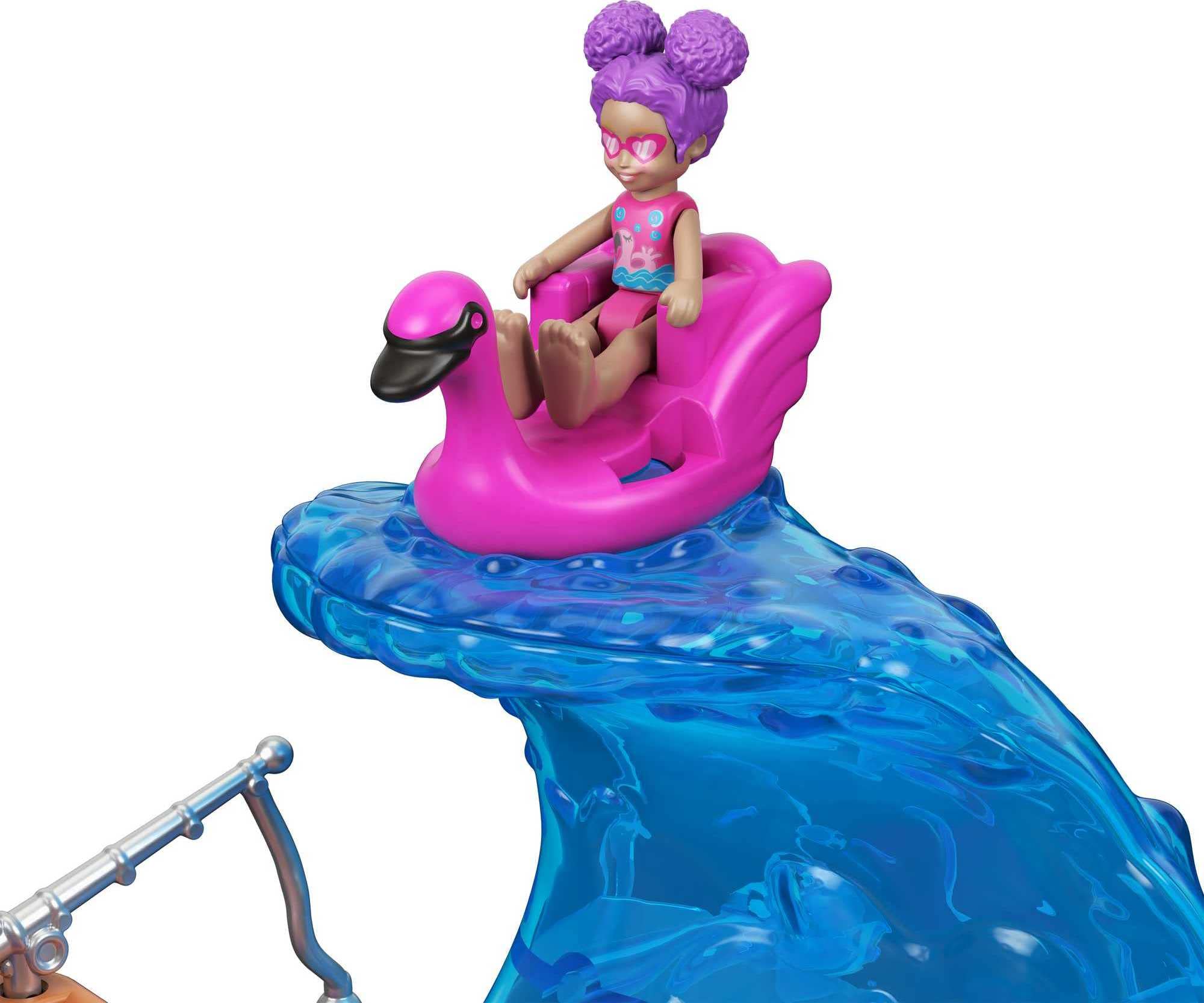 Polly Pocket Pollyville Playset, Sunshine Beach with Micro Doll, Seal Figure, Flamingo Toy Boat & Accessories