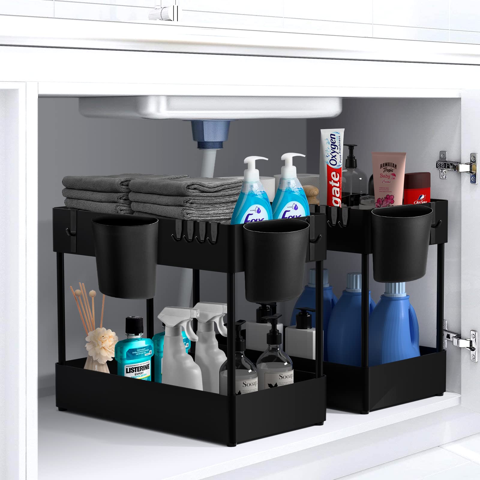 BlumWay 2 Pack Under Sink Organizers and Storage, 2 Tier Sliding Bathroom Cabinet Organizer, Multi-purpose Under Kitchen Sink Shelf with Hooks, for Bathroom/Kitchen Countertop