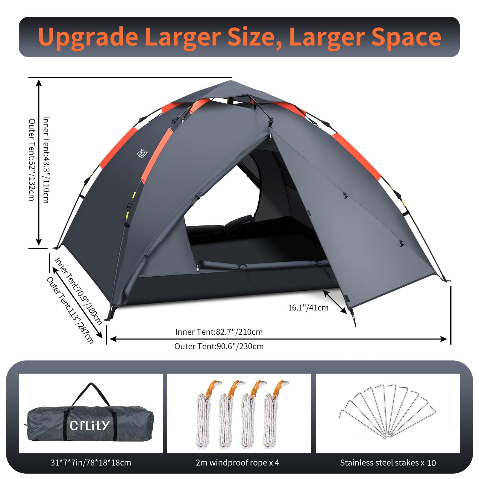 Cflity Camping Tent, 3 Person Instant Pop Up Tent Waterproof Three Layer Automatic Dome Tent, Large Lightweight 4 Seasons Tent, Backpacking Tent with Removable Rain-Fly 2 Extensible Porch for Camping