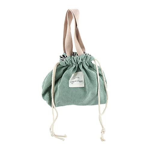 Outdoor Picnic Drawstring Picnic Tote Corduroy Canvas Dinner Container Cute Food Storage Bags Lunch Bag(Green)