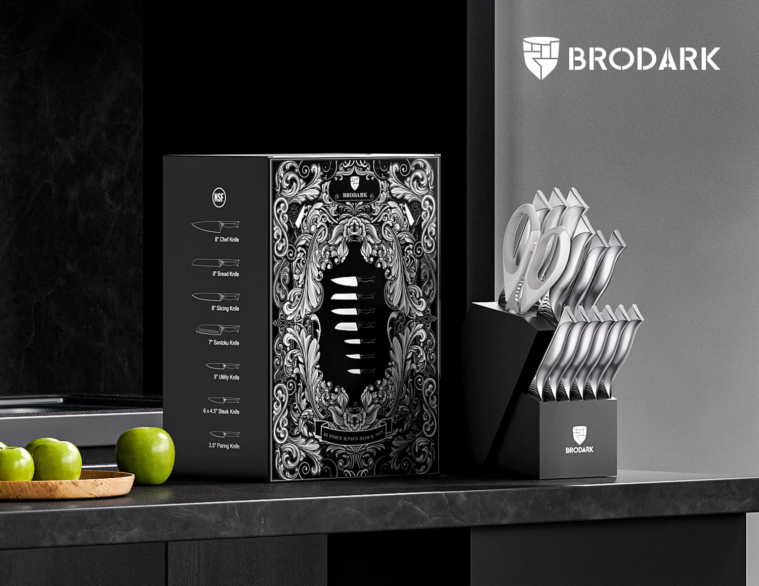 BRODARK Kitchen Knife Set with Block, 15-Piece Knife Block Set with Built-in Sharpener, Dishwasher Safe Knives Set for Kitchen, NSF Certified Stainless Steel Kitchen Knives, Shark Series