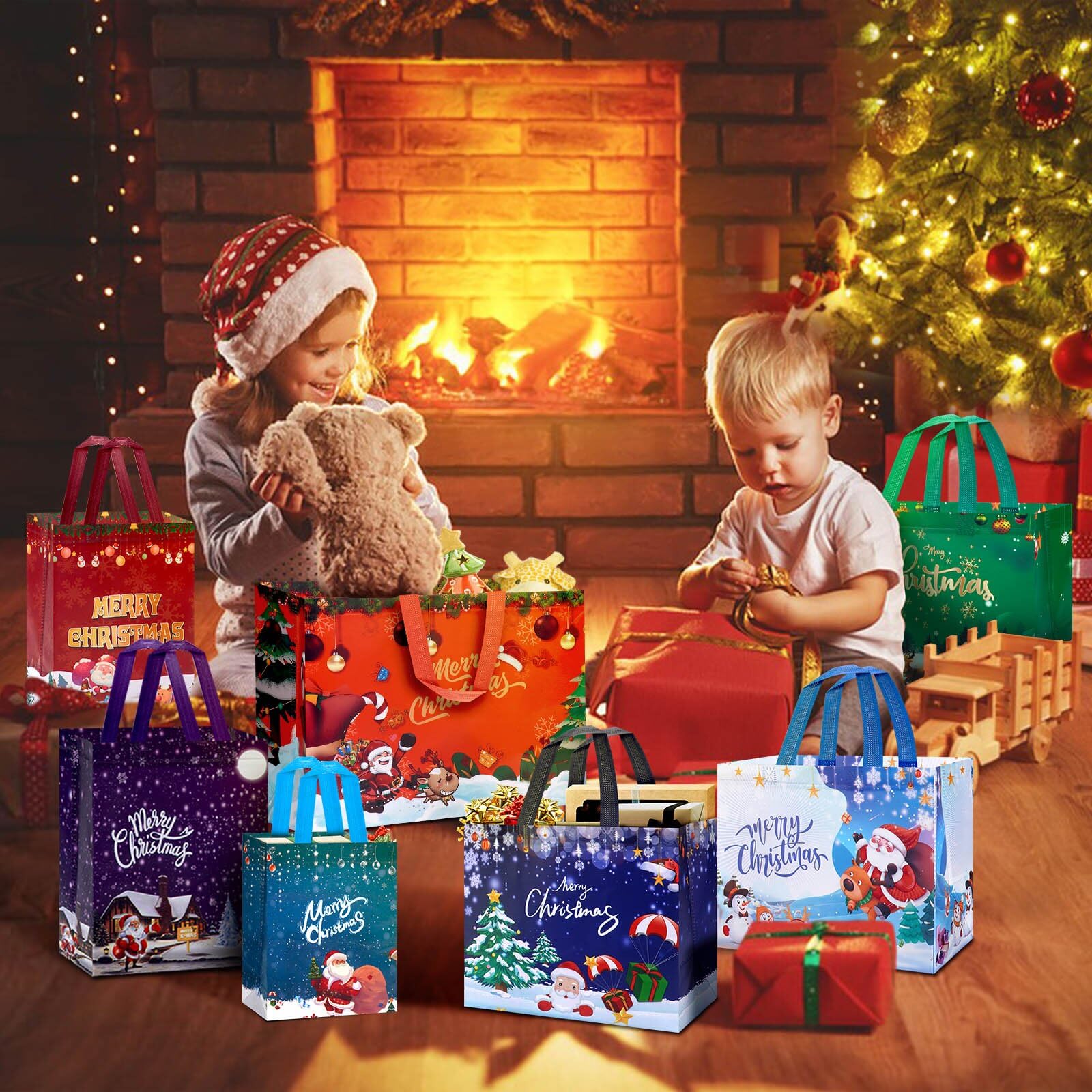 Fayayuan 24 Pack Christmas Gift Bags Assorted Sizes, Reusable Tote Bags Includes 4 Extra Large 17",8 Large 13",8 Medium 10",4 Small 8" Non-Woven Christmas Bags for Xmas Party Supplies