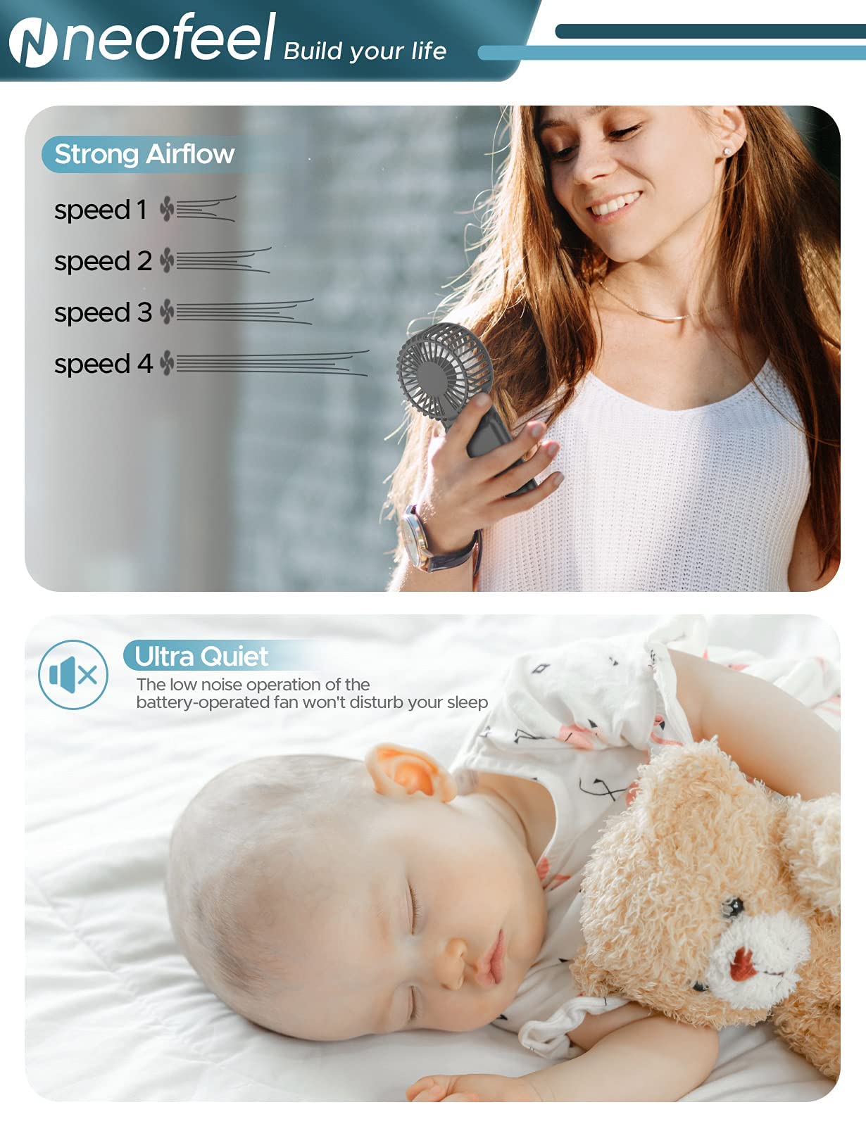 neofeel Portable Handheld Fan, 4000mAh 15hrs Personal Fan with Adjustable Lanyard, 4 Speeds Battery Operated Fan In Rechargeable for Hiking, Travel, Office, School, Camping