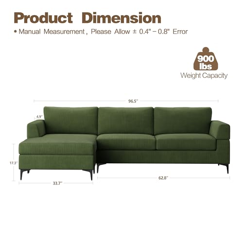 CAODOC 96" Sectional Sofa, Corduroy Fabric Modern Reversible Couch, L Shaped 3-Seat Sofa Couch with Chaise for Living Room, Green
