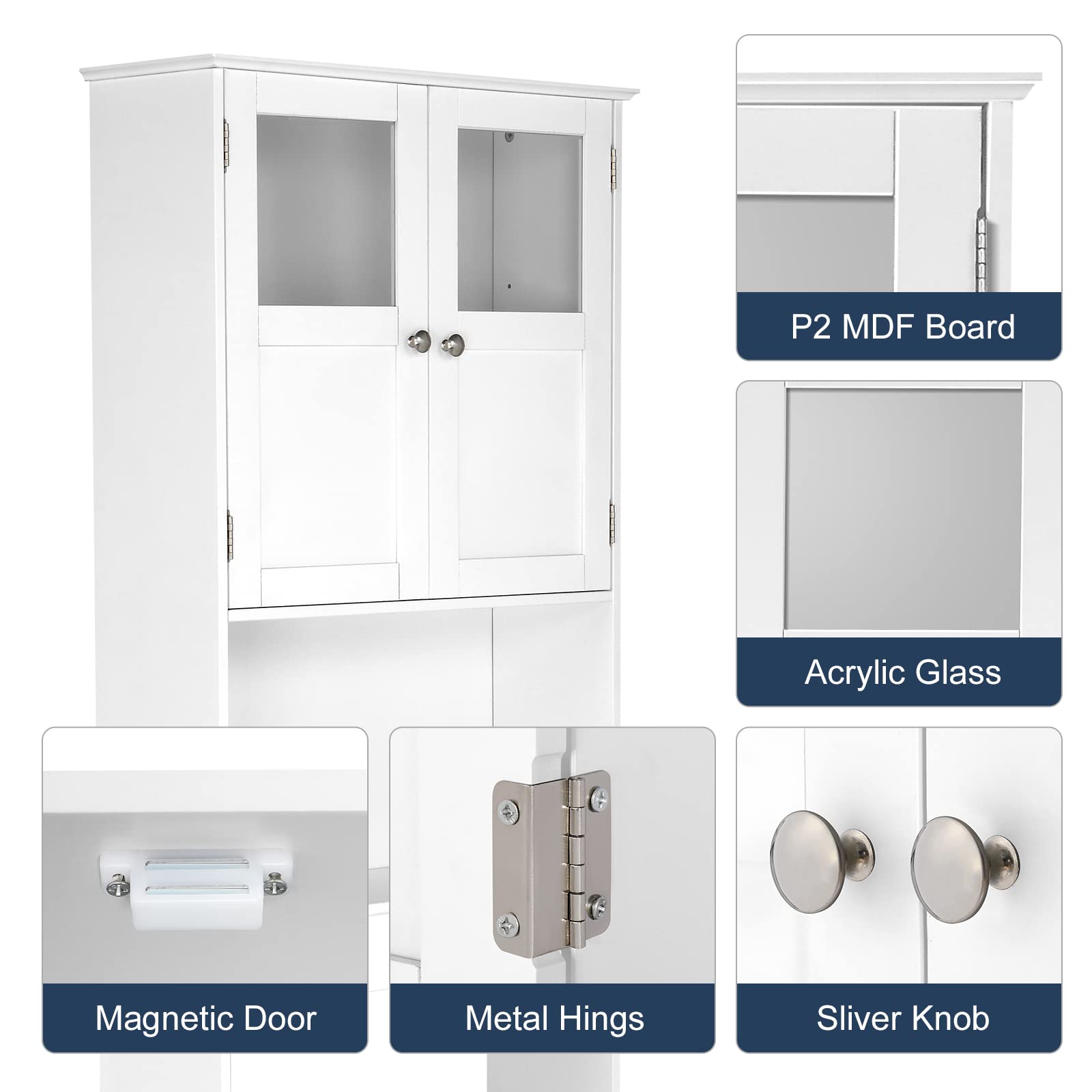 FCH Bathroom Shelf Over Toilet Storage Space Saver Bathroom Cabinet Organization Wood Storage Cabinet White Finish 23 1/4"(L) x 8 11/16"(W) x 66 15/16"(H)