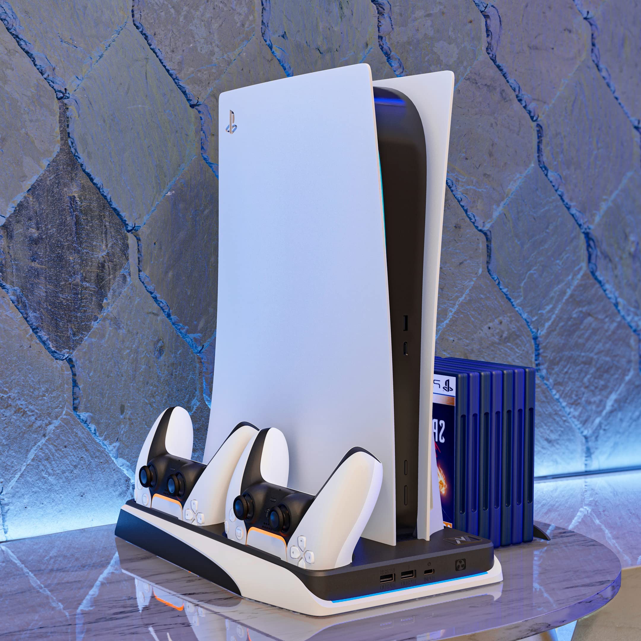 PS5 Cooling Fan Charging Docking Station, 4 in 1 Playstation Stand, Controller Charger, Cool Fan and Games Storage Tray for PS5 Console, Disk and Digital Version (White/Black)…