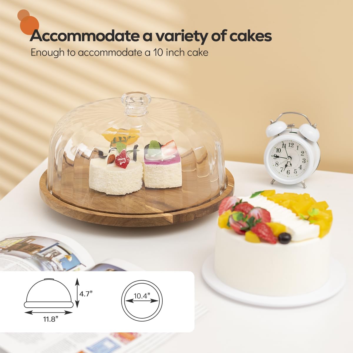 Cutesun Wood Cake Stand with Lid, 11.8'' Rotating Cake Stand with Dome, Shaterproof 10.4'' Acrylic Cake Display Cover, Cake Holder Tray for Wedding Gift,Kitchen,Birthday,Parties,Baking Gifts