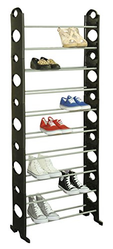 Home Basics Stackable 30 Pair Metal and Plastic Shoe Rack, Shoe Organizer for Entryway, Black