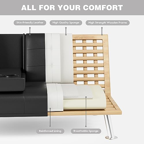 JUMMICO Faux Leather Upholstered Modern Convertible Folding Futon Sofa Bed with Removable Armrests, Adjustable Recliner Couch Bed Loveseat with 2 Cup Holders for Living Room