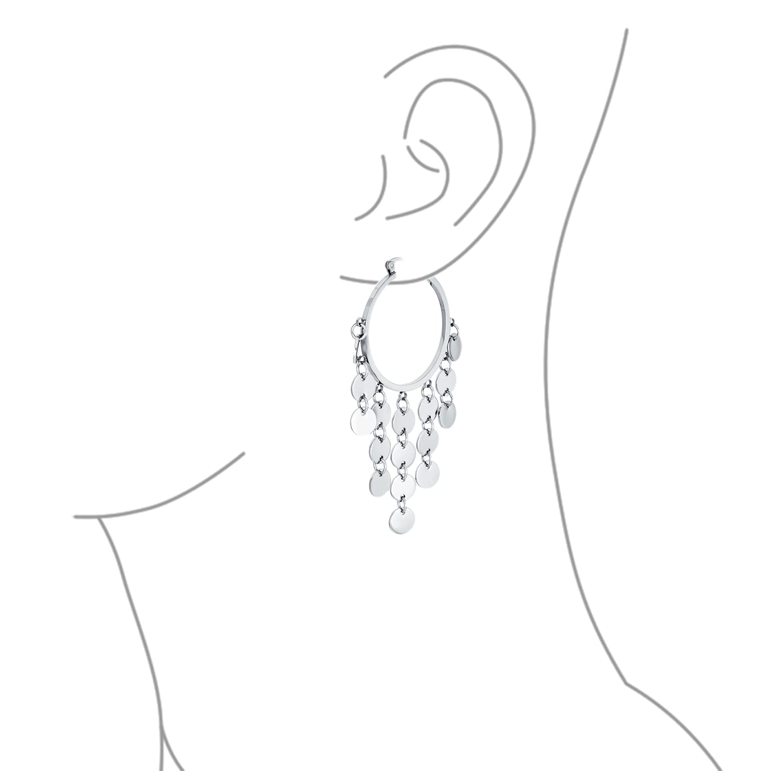 Bohemian Sequin Coin Disc Dangle Chandelier Round Hoop Chandelier Earrings For Women Silver Tone Stainless Steel 3Inch