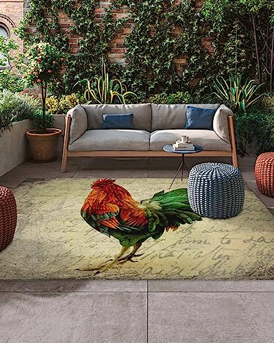Outdoor Rugs for Patio 5x8ft,Rustic Farmhouse Animals Rooster Indoor Outdoor Area Rug Floor Carpet Washable Camping Mats for Deck Backyard Porch Decor - Vintage Old Newspaper