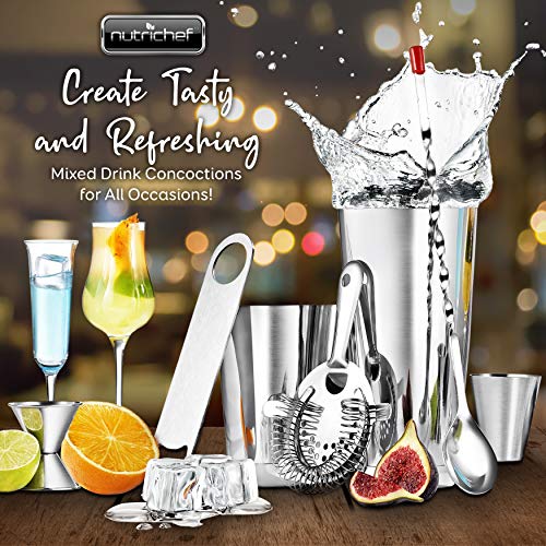 NutriChef Mixology Bartender Cocktail Shaker Set - 15 & 30 oz Stainless Steel Cocktail Bar Set Mix Drink Shaker Kit - Essentials Martini Making Kit Drink Mixing Starter Set - NCCS15PC (15 Piece Set)