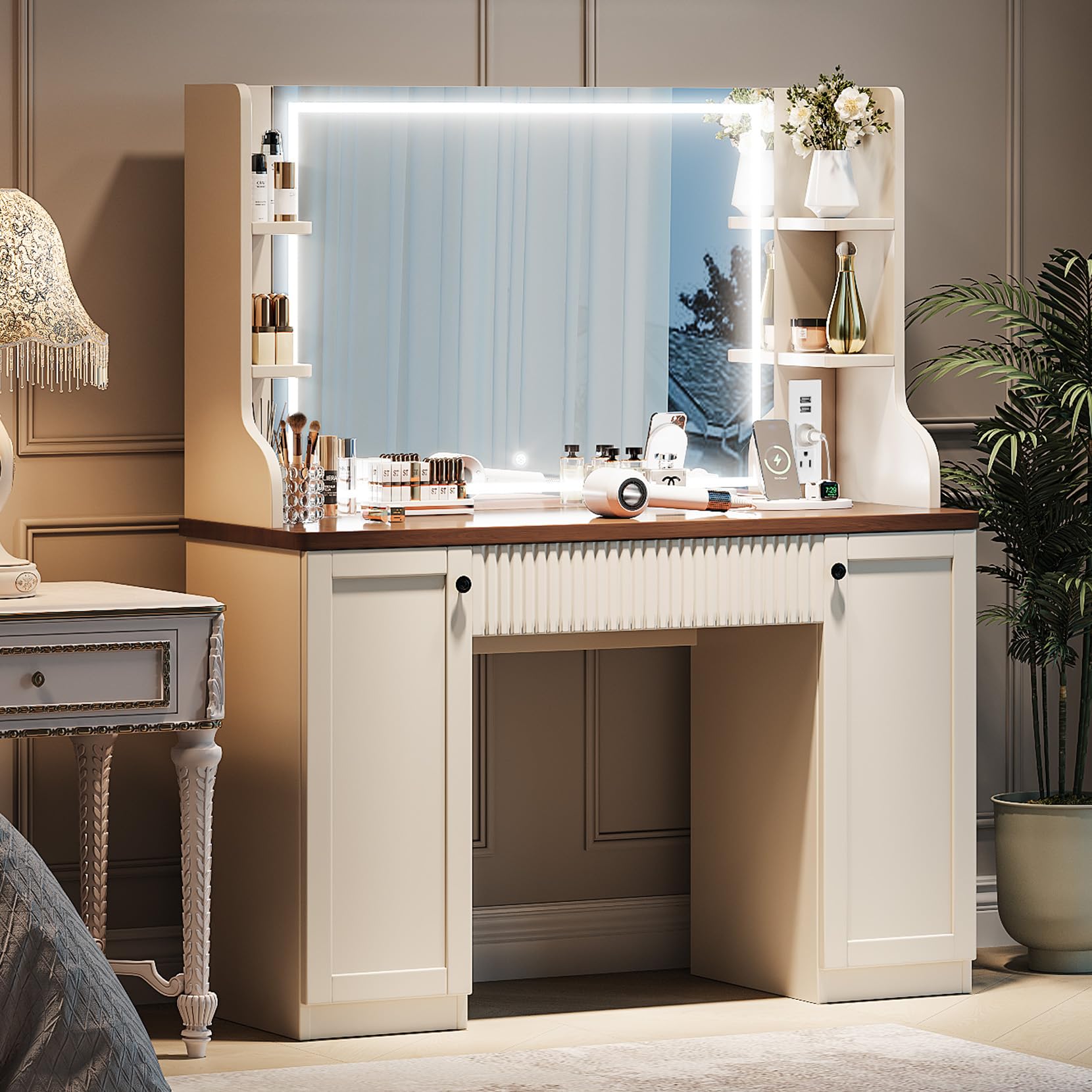 Dripex Makeup Vanity Desk with Mirror and Lights LED Makeup Table with Drawer, Cabinets, Power Strip, for Bedroom Dressing Table - White