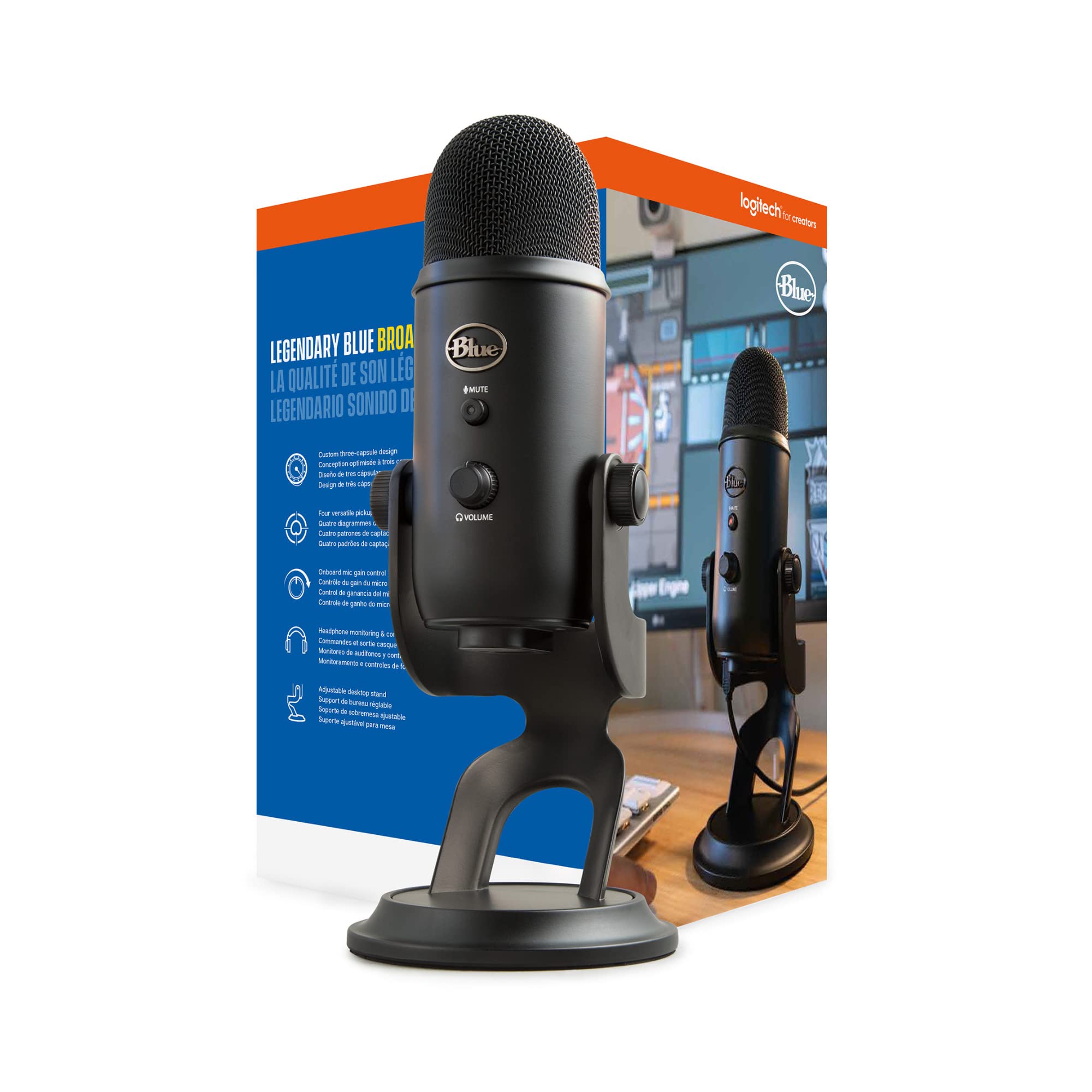 Blue Yeti Microphone (Blackout) with Knox Boom Arm Stand, Pop Filter and Shock Mount Bundle, USB