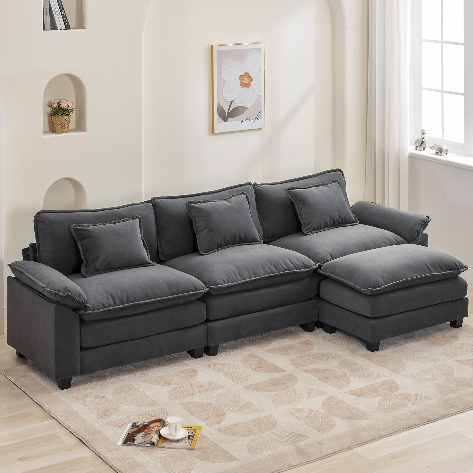 DRMBOOK 120" Modern Deep Cloud Couch Sectional with Ottoman, Velvet Sleeper Sofa Comfy Upholstered Couches for Living Room/Bedroom/Apartment/Office, Pillows Includes (Dark Grey)