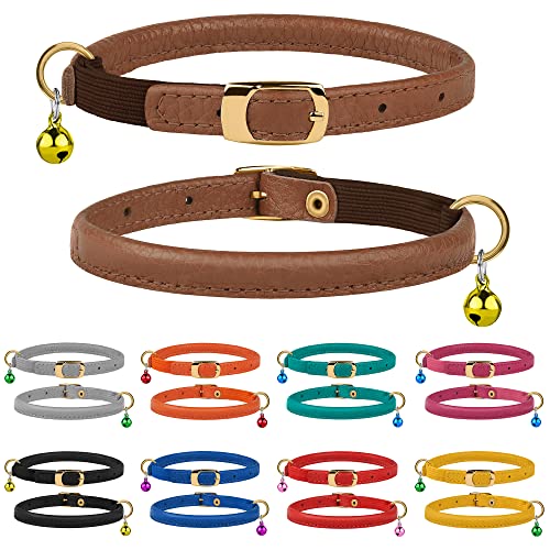 Murom Rolled Leather Cat Collar with Elastic Strap Safety Adjustable Pet Collars for Cats Kitten Yellow Red Pink Blue Orange Brown Gray (Brown)