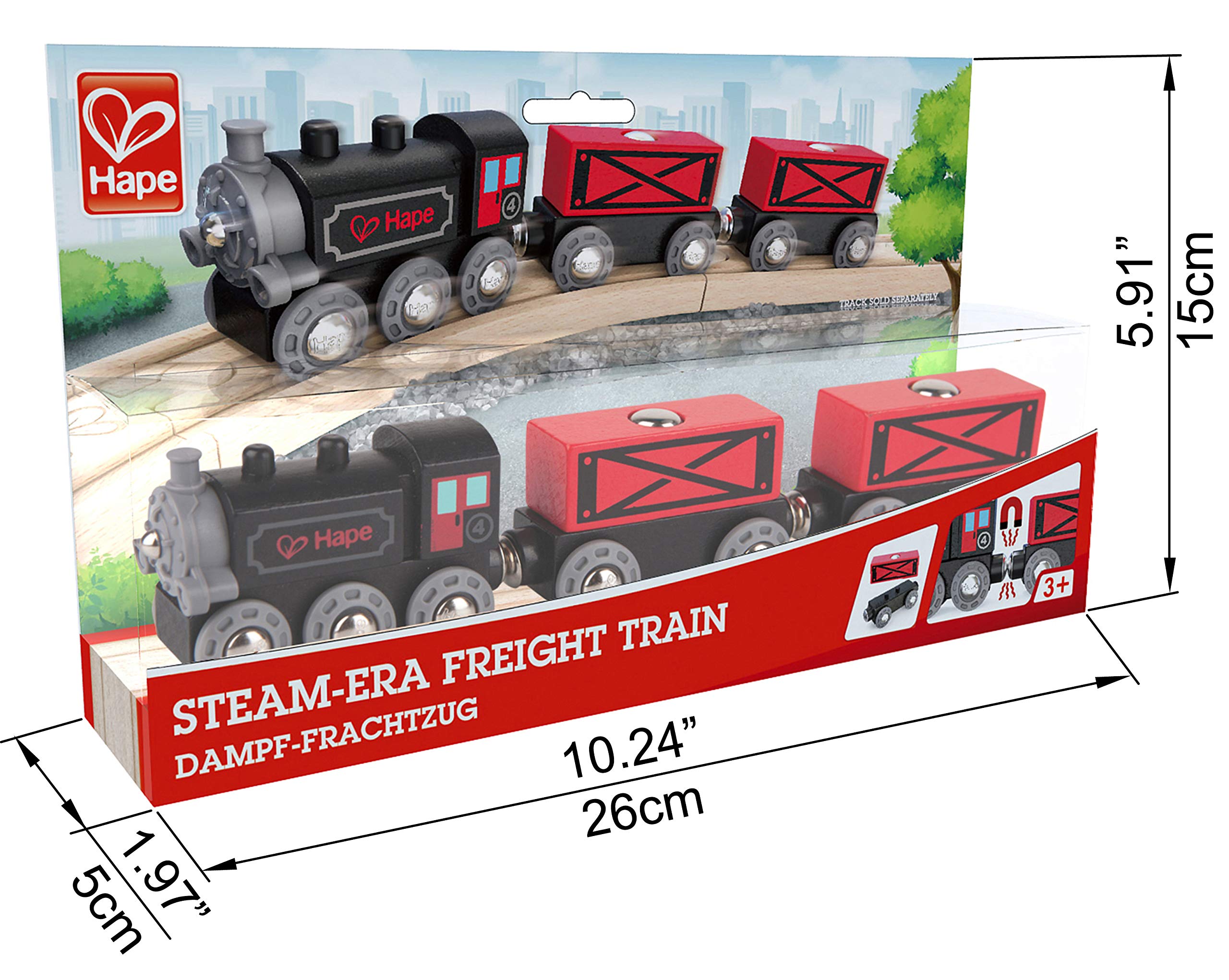 Hape Steam-Era Freight Train | Classic Black & Red Children’s Locomotive Toy with Unloadable Freight Wagons