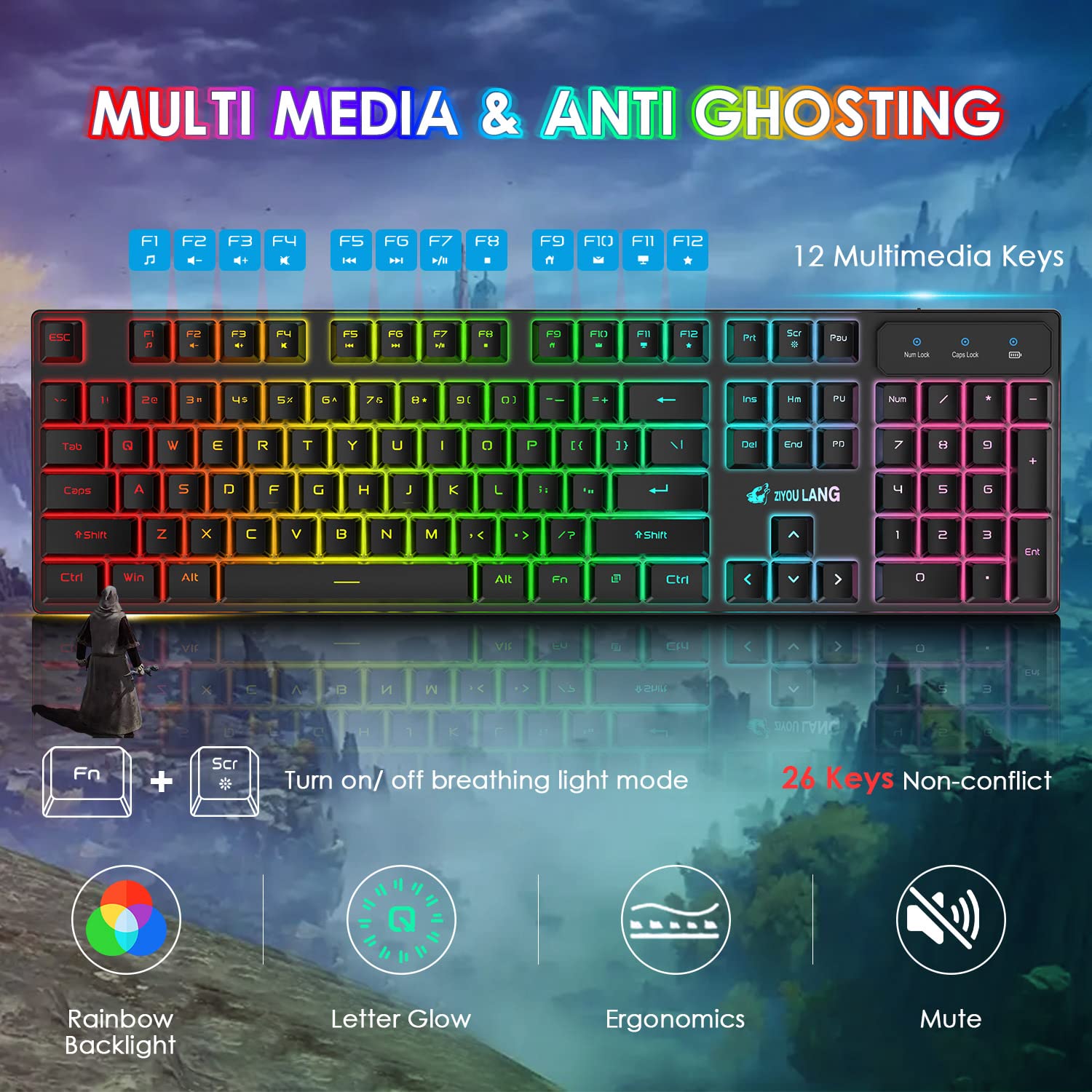 Wireless Gaming Keyboard and Mouse,Rechargeable Orange Backlit Keyboard Mouse with 3800mAh Battery,Mechanical Feel Gaming Keyboard,7 Color Gaming Mute Mouse,Gaming Mouse Pad for PC Gamer