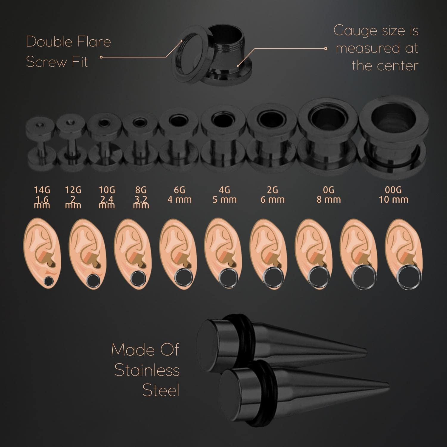 BodyJ4You 36PC Ear Stretching Kit - 14G-00G Beginner Gauges - Black White Splatter Steel Tapers Single Flare Tunnels Plugs - Stretchers Expanders Eyelets