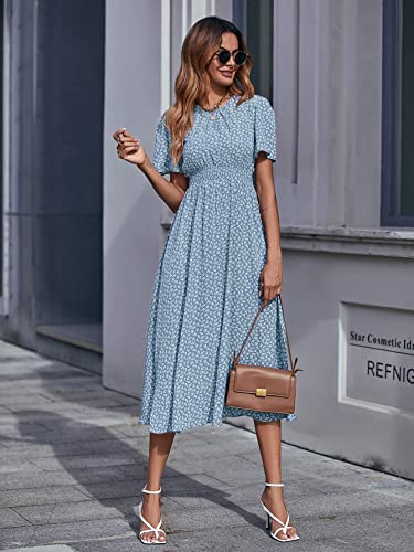 Floerns Women's Short Sleeve Boho Floral Dress A Line Smocked Midi Dress A Blue L