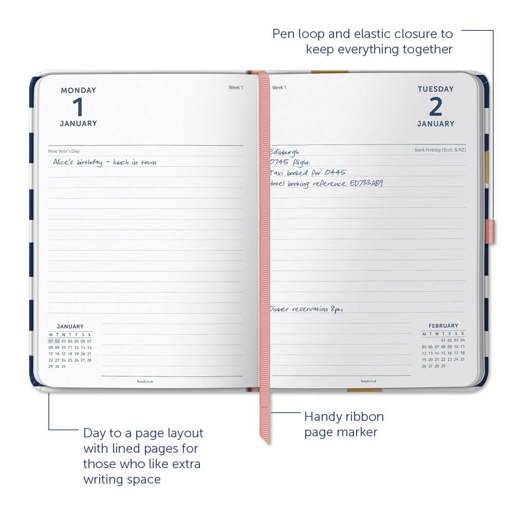 Busy B Day A Page Diary January to December 2024 - A5 Navy Stripe - Daily Planner with Lined Pages, Notes and Year Planner