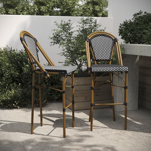 Flash Furniture Bordeaux Commercial Grade Bistro Bar Height Stool, Stackable Indoor/Outdoor Dining Stool, 30" High, Black/White and Natural Finish