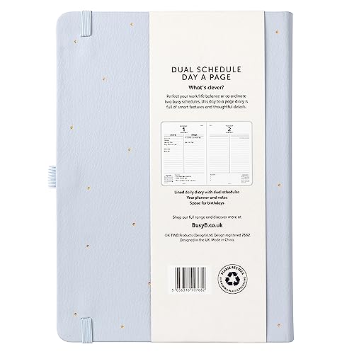 Busy B Dual Schedule Day A Page Diary January to December 2024 - A5 Cloud Blue - Faux Leather Daily Planner with Space for Two Schedules, Lined Pages, Notes and Year Planner