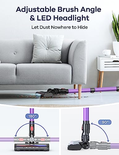 Ganiza Cordless Vacuum Cleaner- ππππ©π Powerful Suction, 6-in-1 Lightweight Stick Vacuum Cordless with LED Headlight, 40 Min Runtime, Detachable Wand for Hardwood Floor Carpet Pet Hair, Purple