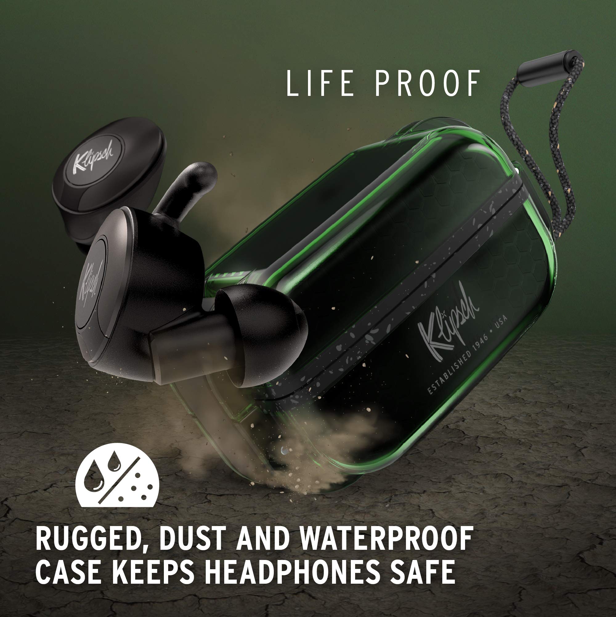 Klipsch T5 II True Wireless Sport Earphones in Green with Dust/Waterproof Case & Earbuds, Best Fitting Ear Tips, Ear Wings, 32 Hours of Battery Life, and Wireless Charging Case