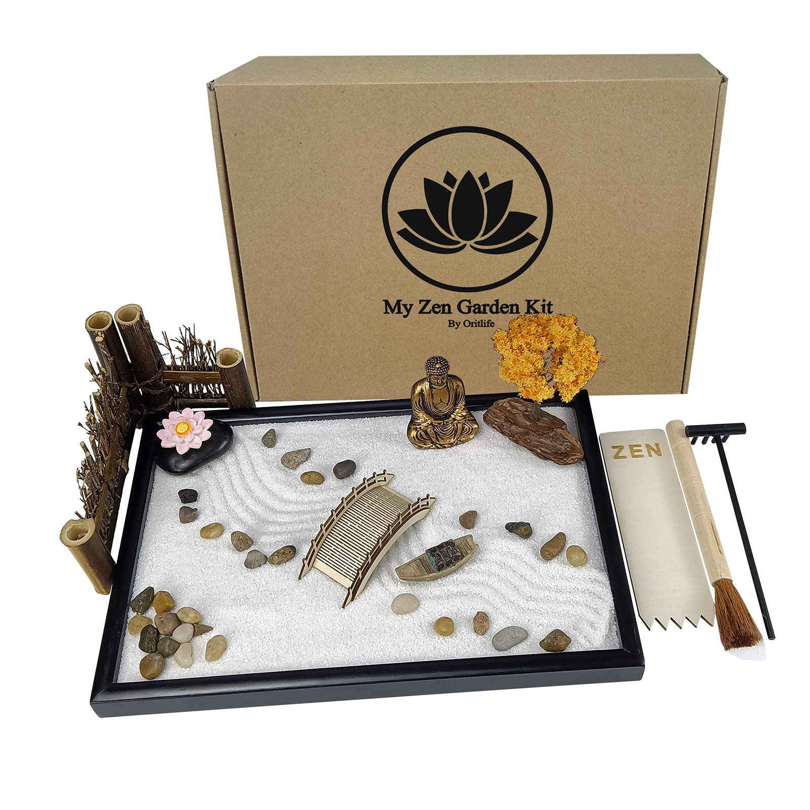 Oritlife Japanese Mini Meditation Zen Garden for Desk,Relax Desktop Zen Garden Kit with Square Sandbox, Balance Stones Mini Zen Sand Garden Kit