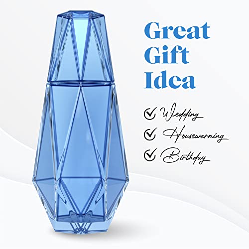 Modern Geometric Bedside Carafe | 2-Piece Set - Bedside Water Carafe | Glass Carafe with Cup that Doubles as Lid | Bedside Water Carafe and Glass Set in Blue (37oz)