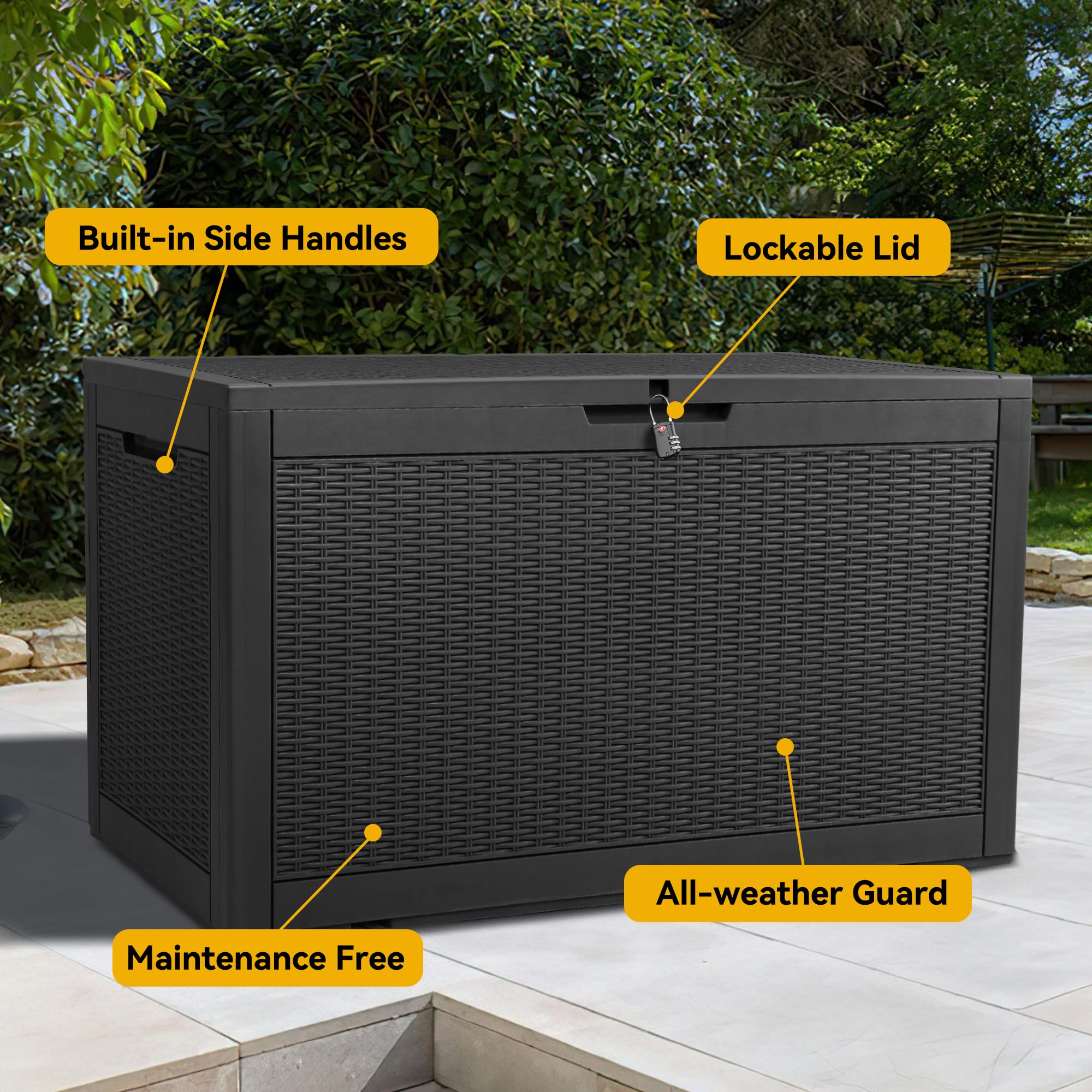 DWVO 100 Gallon Outdoor Storage Box, Large Deck Box Lockable Waterproof and UV Resistant Resin for Gardening Tools, Pool Supplies, Patio Cushions (Black)
