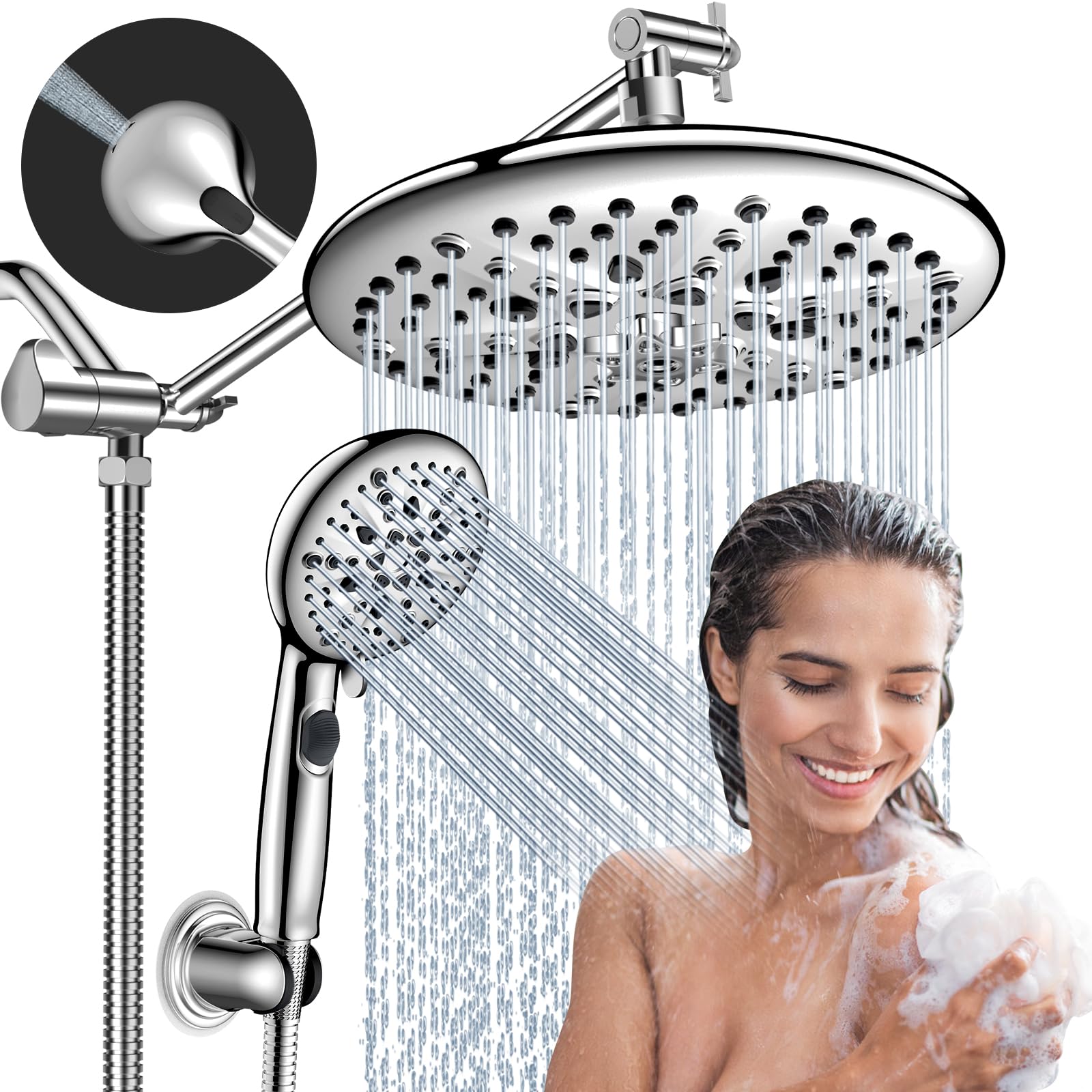 FEELSO Shower Heads with Handheld Spray Combo with ON/OFF Pause Switch, 10" High Pressure Rain 7 Settings Showerhead with 11" Adjustable Extension Arm, 9 Functions Anti-clog Handle Set with Power Wash