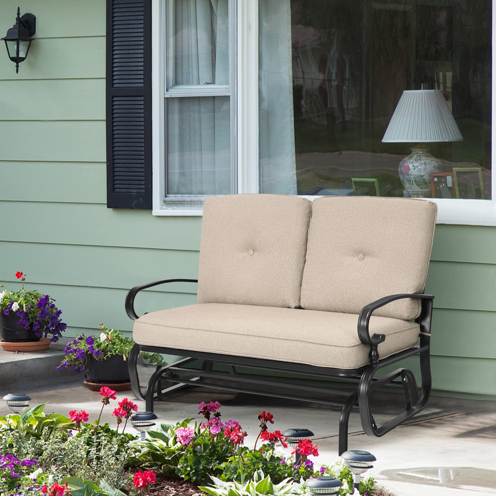 HAPPYGRILL Outdoor Swing Glider Bench Patio Loveseat Glider with Comfortable Cushions, 2 Persons Rocking Glider Chair for Porch Balcony Garden Poolside
