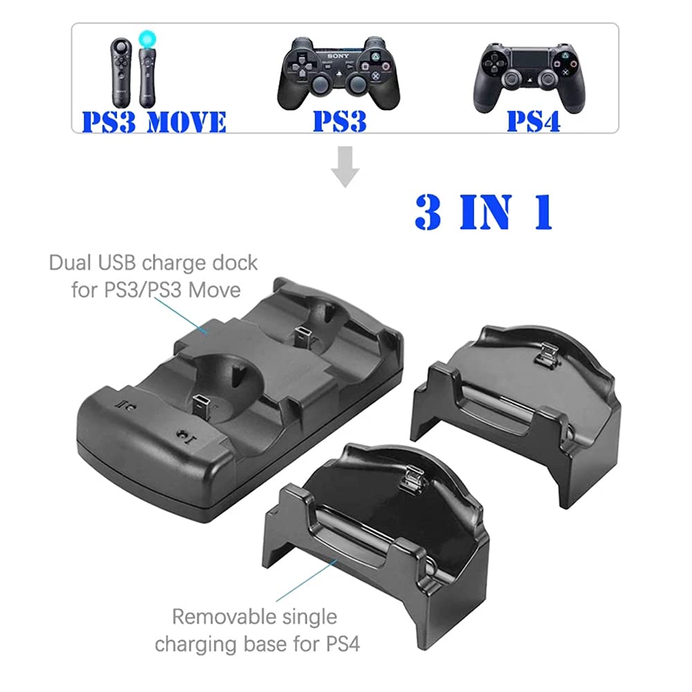 KlsyChry Playstation 3 Controller Charger PS3 / PS3 Move / PS4 Docking Charging Station with USB Cable, [Dual Slot] Charging Dock Station Removable Charger Stand