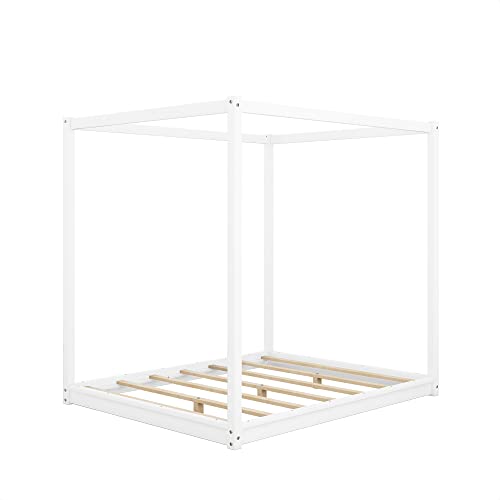 FIQHOME Queen Size Canopy Platform Bed with Support Legs,Four-Poster Canopy Platform Bed Frame with Headboard, Wooden Queen Bed with Support Legs,for Kids Teens Adults, No Box Spring Needed,White