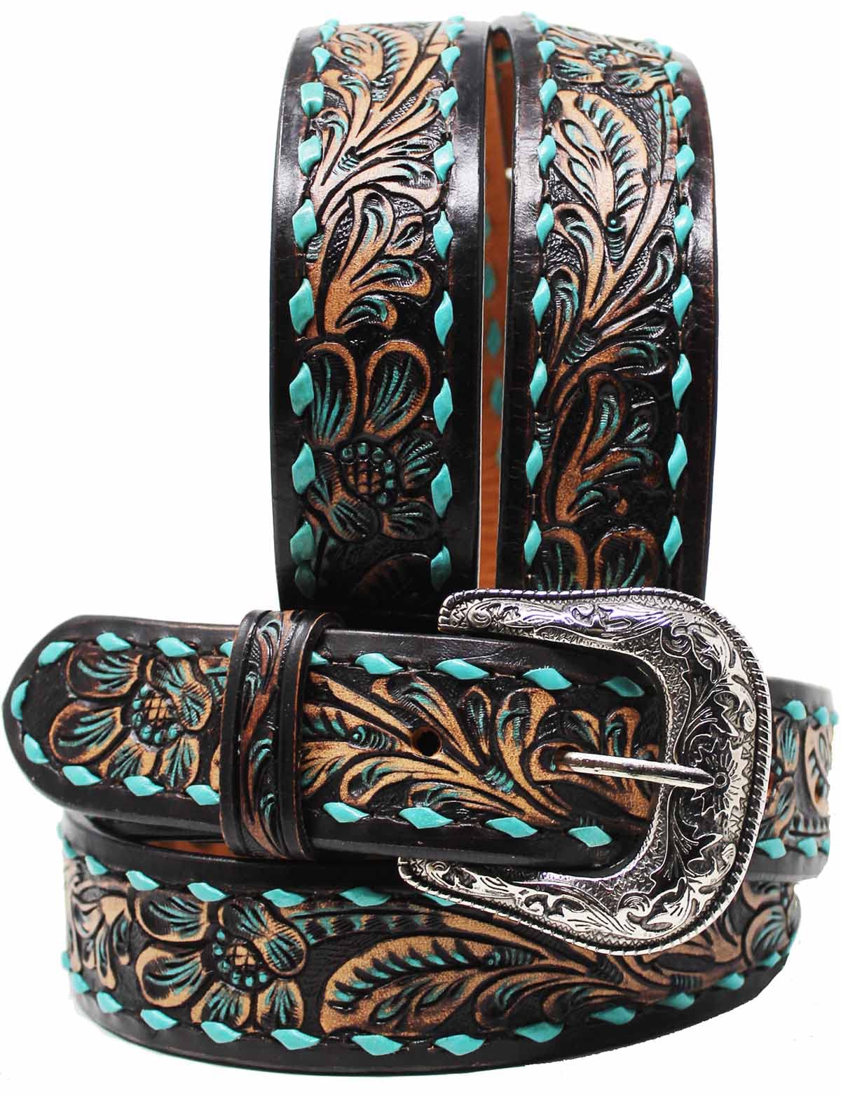 CHALLENGER 41-42 Men's 1-1/2" Wide Tan Leather Floral Tooled Casual Jean Belt 26FK11A