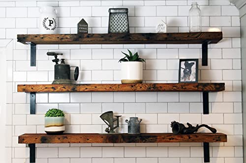 Modern Timber Craft Reclaimed Wood Mantel Shelf | Easy-to-Install | Steel Angle Brackets Included | Rustic Decoration | 2" Thickness | 60" L x 6" D, Oiled