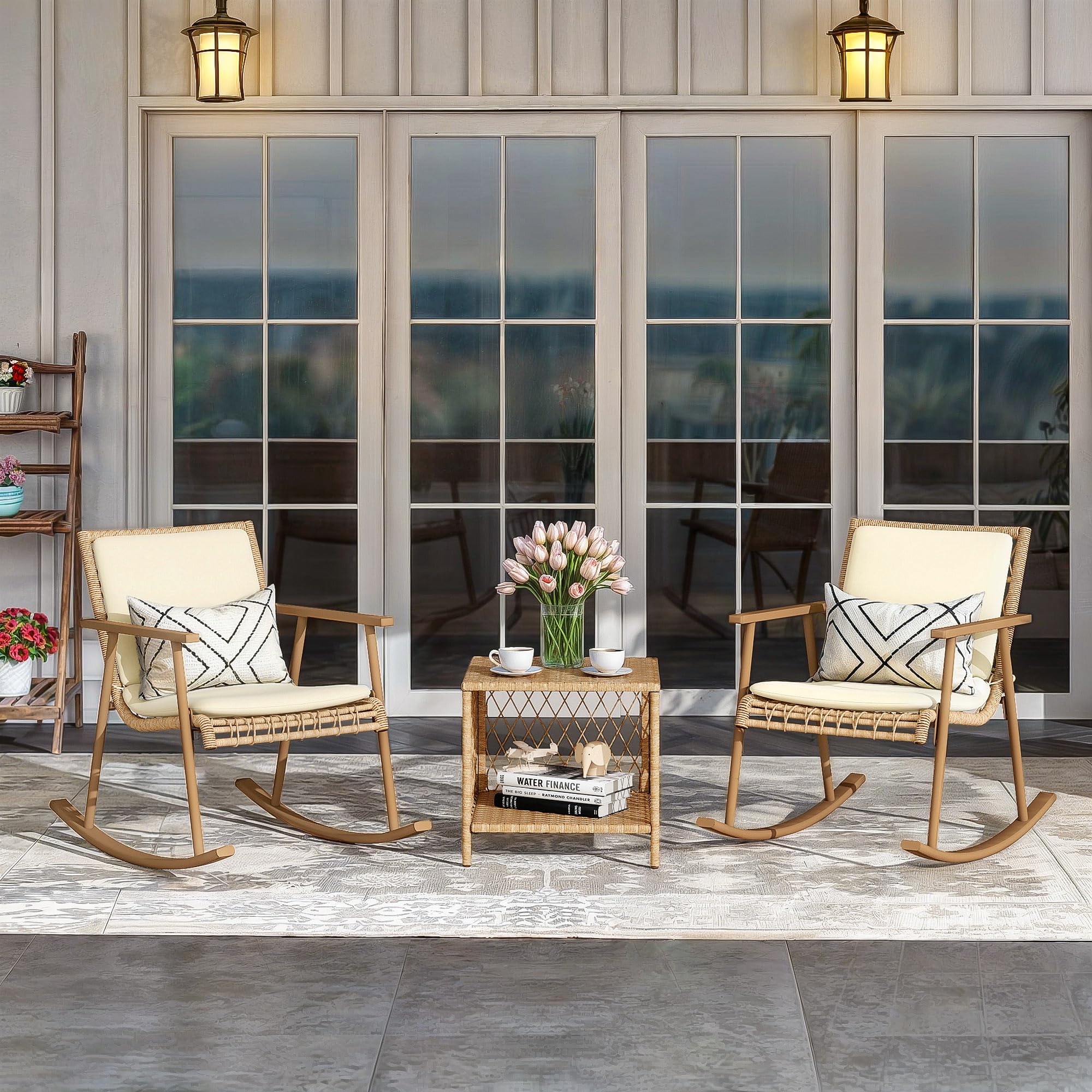 DWVO 3 Pieces Rocking Wicker Bistro Set, Patio Outdoor Conversation Sets with 2-Tier Coffee Table, Oversize Rattan Furniture Set for Garden Backyard Balcony, Beige