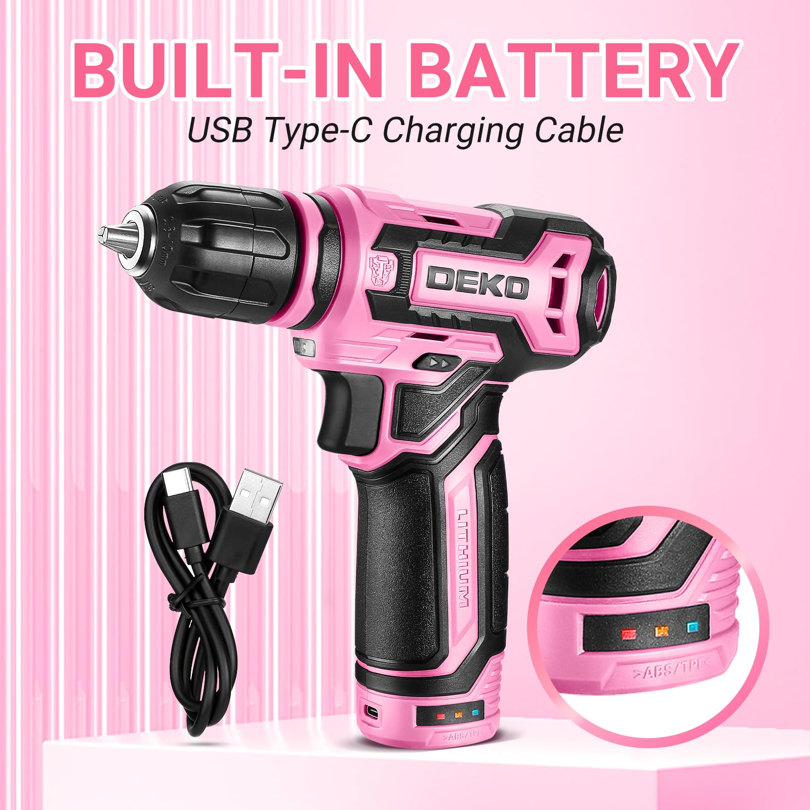 Cordless Drill:DEKOPRO 12V Power Drill Set with Pink Electric Drill with Tool Set Gift Box, Pink Drill Set for Women
