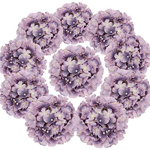 Flojery Silk Hydrangea Heads Artificial Flowers Heads with Stems for Home Wedding Decor,Pack of 10 (Dream Purple)