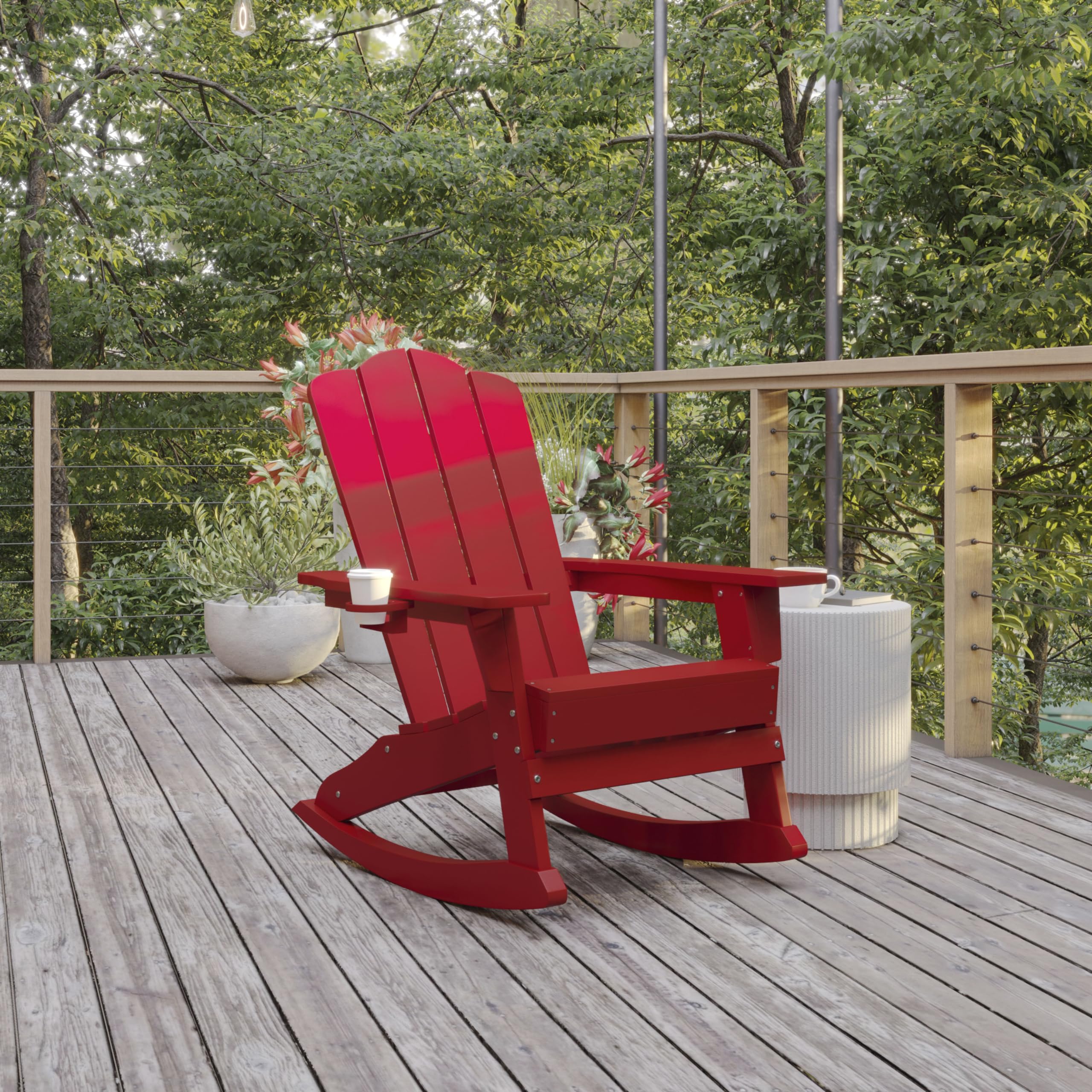 Flash Furniture Newport Adirondack Rocking Chair with Cup Holder, Weather Resistant Poly Resin Adirondack Rocking Chair, Red
