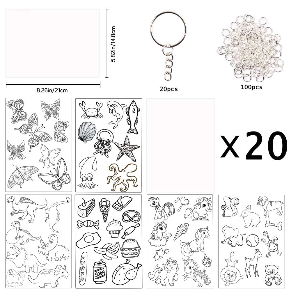 Natonhi Heat Shrink Plastic Sheets Kit 145Pcs Shrink Art Kit Including 20pcs Shrinky Paper Sheets 6pcs Traceable Picture Keychains Accessories- Perfect for Shrink Dink Sheets Crafts Making