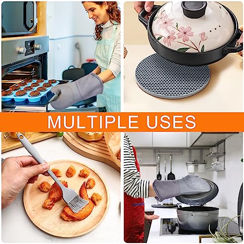 Oven Mitts and Pot Holders Sets, Silicone Oven Mitts Heat Resistant 550℉ Kitchen Oven Mits/Glove Set, Extra Long Kitchen Mittens and Hot Pads Pot Holder with Basting Brush for Baking Cooking Grilling
