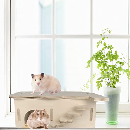 MUYG Wood Hamster House,Natural Wooden Chinchilla Hut with Steps Window Multi-Chamber Small Animal Hideout Maze Habitat Decor for Dwarf Mice,Rats,Syrian Mouse, Gerbils, Chinchilla (L)